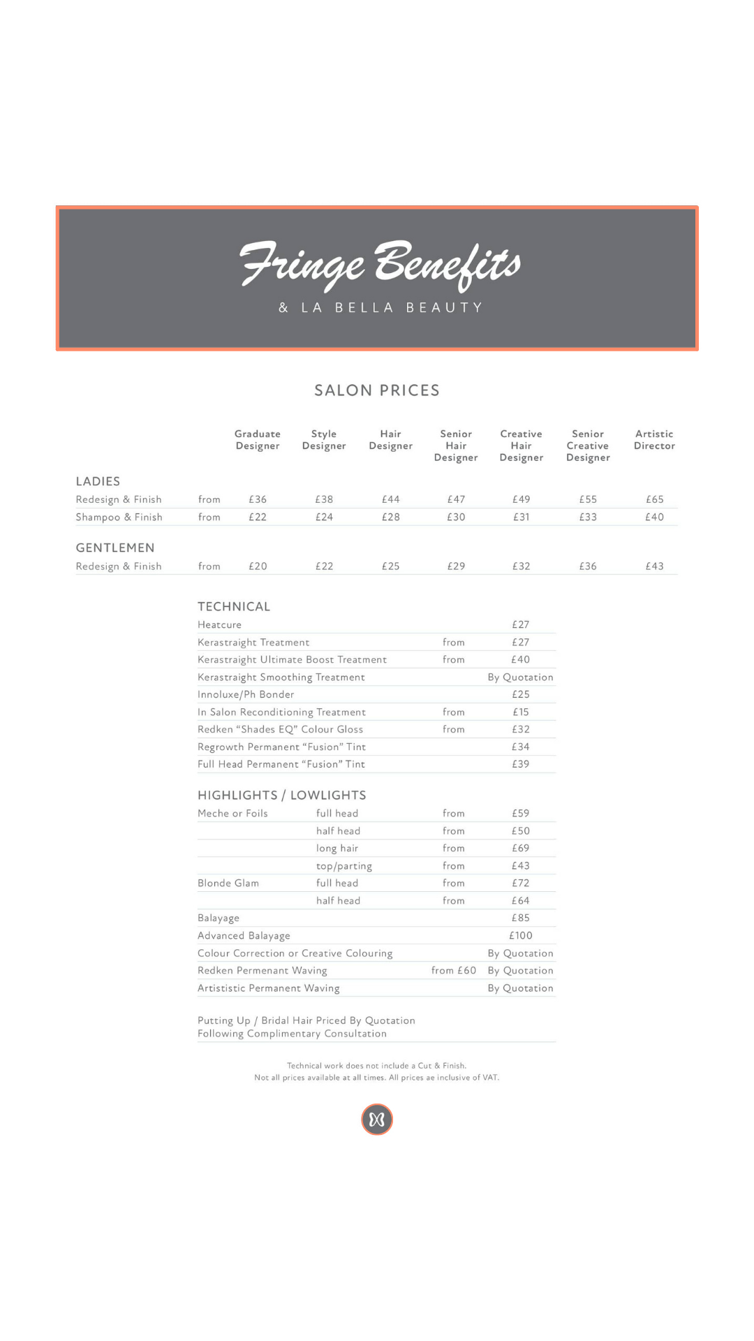 Salon Price List Fringe Benefits Hairdressing Gloucester